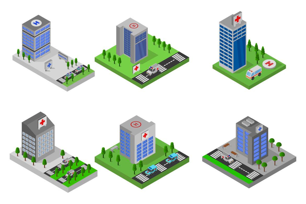 6 isometric buildings set - Hospital 3 | Deeezy