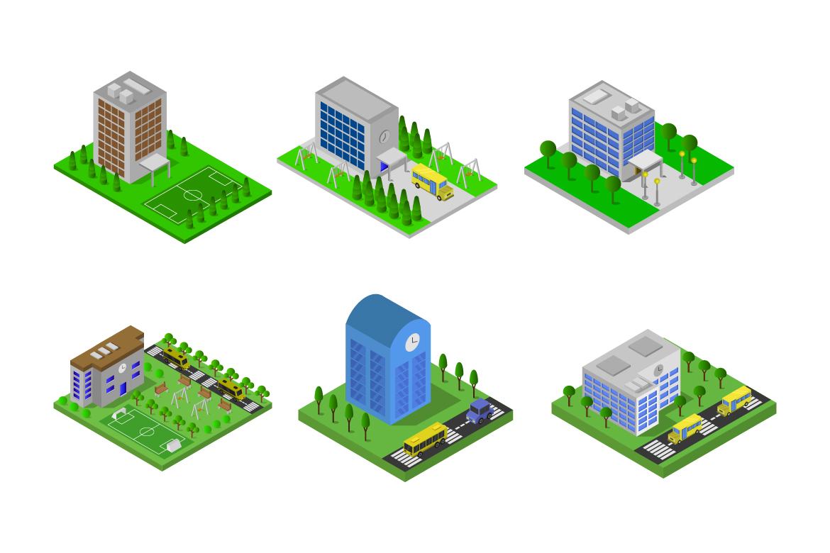 6 isometric buildings set - School 2 | Deeezy
