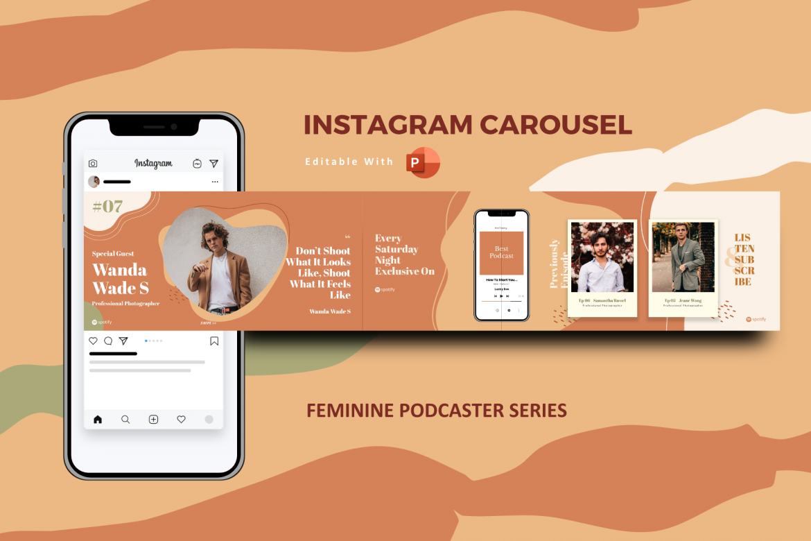 Feminine podcaster instagram carousel powerpoint template | Deeezy Feminine podcaster instagram carousel powerpoint template | Deeezy