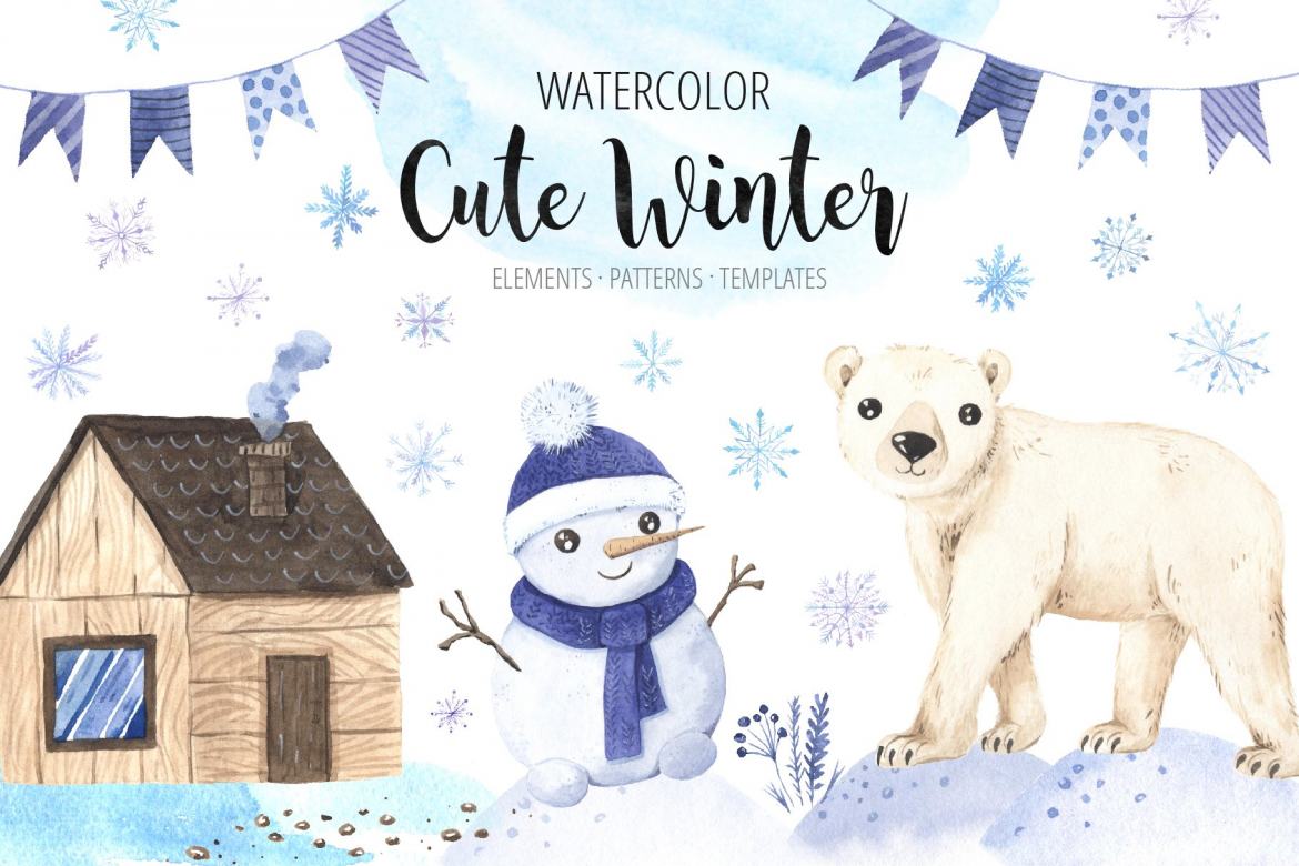 Watercolor Cute Winter Animals clipart set | Deeezy