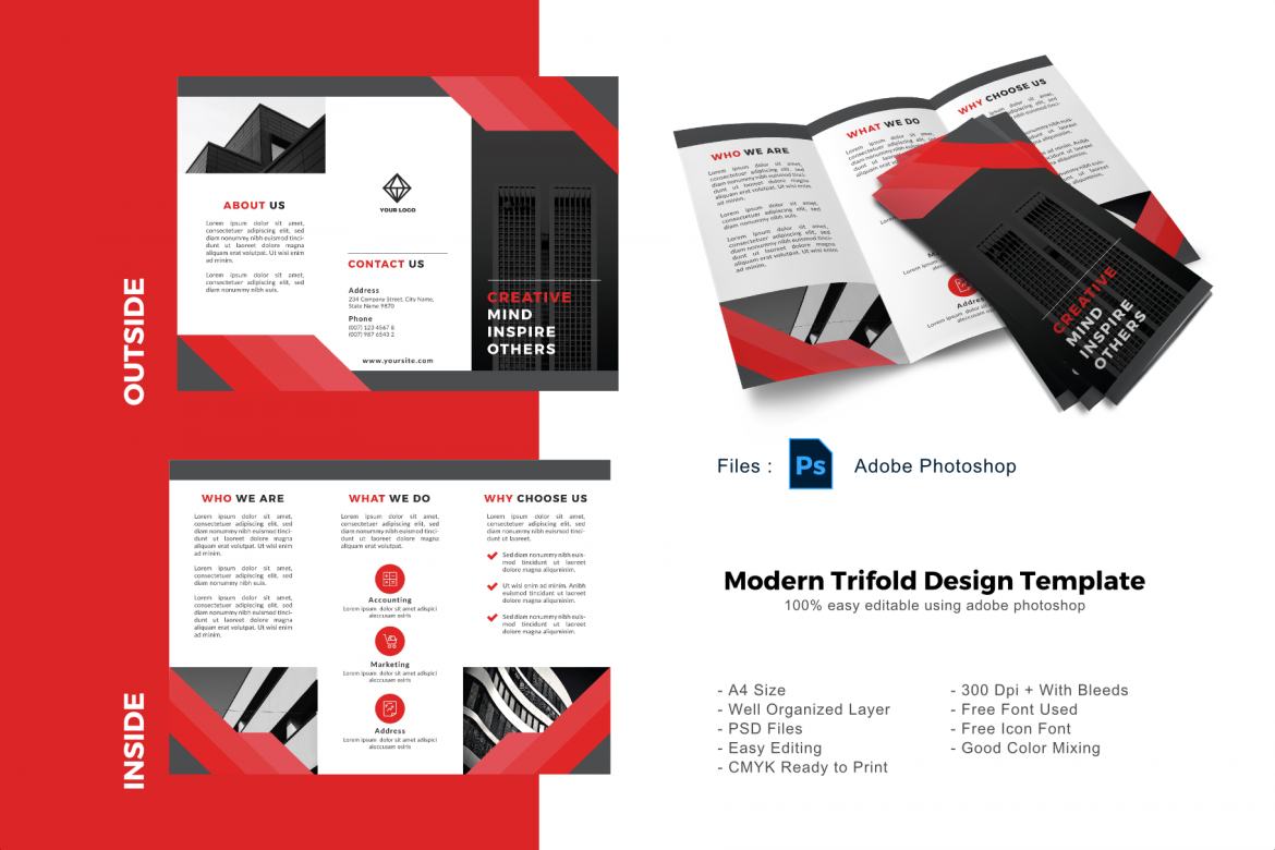 Modern red business trifold brochure photoshop template | Deeezy