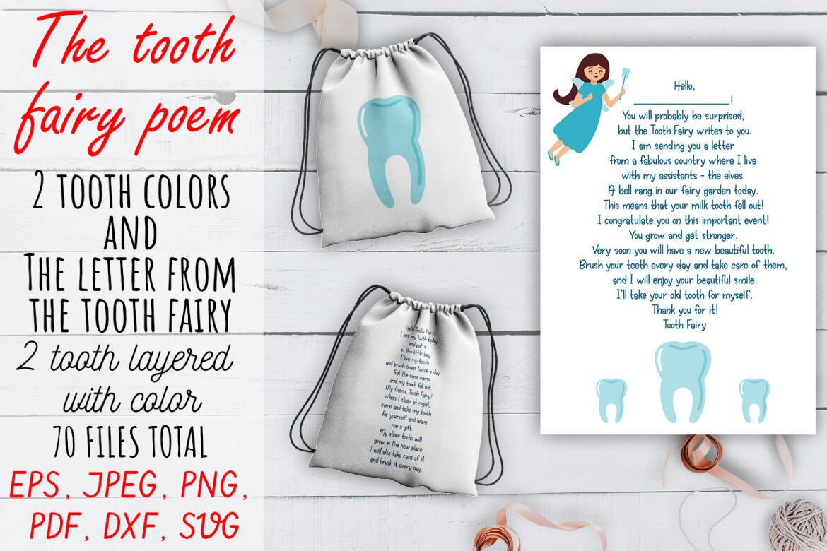 The tooth fairy poem SVG set. 2 colors tooth and letter. | Deeezy