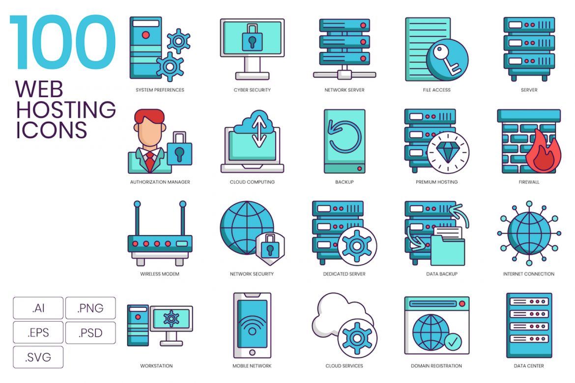 100 Web Hosting Icons | Turquoise | Deeezy