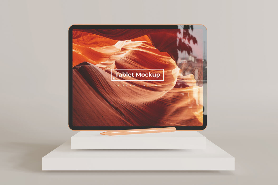 Tablet mockup landscape mode with stylus looks front view | Deeezy