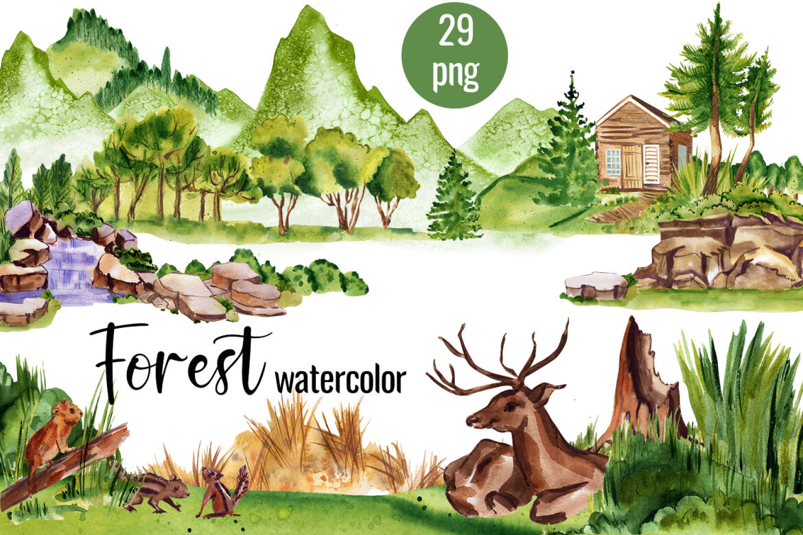 Watercolor forest clipart | Deeezy