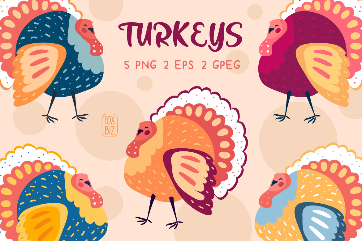 Funny colorful turkeys clip art. PNG, JPEG, EPS vector | Deeezy