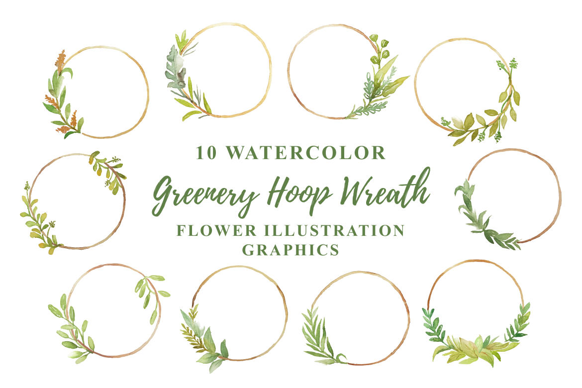 10 Watercolor Greenery Hoop Wreath Flower Illustration Graphics | Deeezy