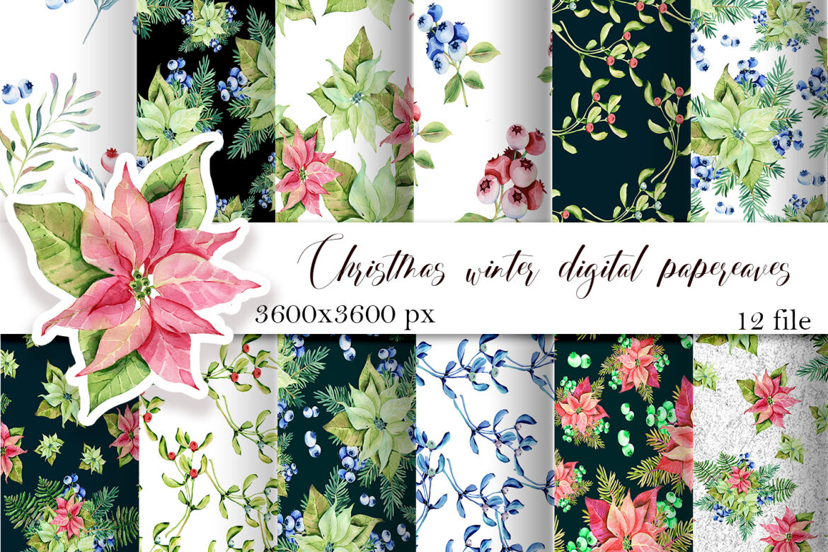 Christmas Digital Paper Patterns, Poinsettia Seamless Patterns | Deeezy