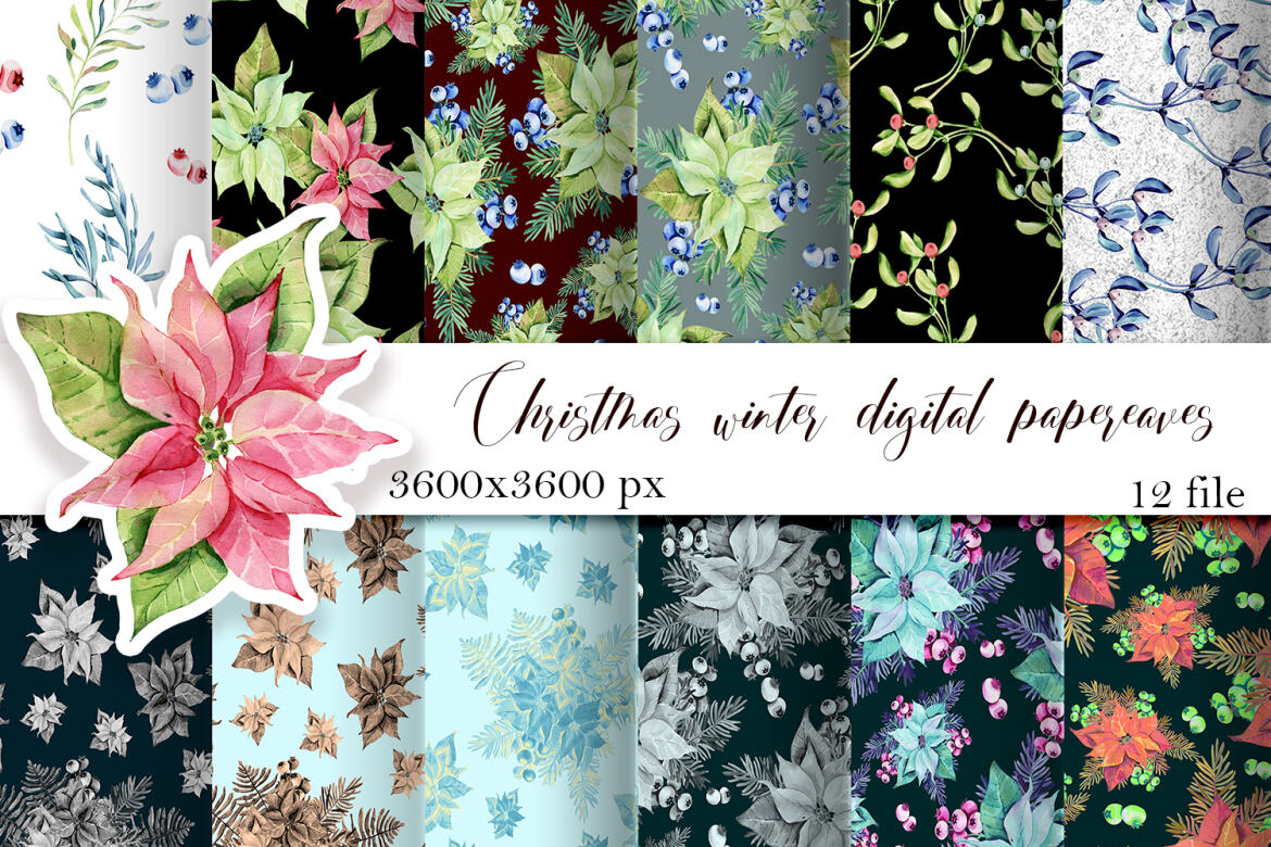 Christmas Digital Paper Patterns, Poinsettia Seamless Pattern | Deeezy