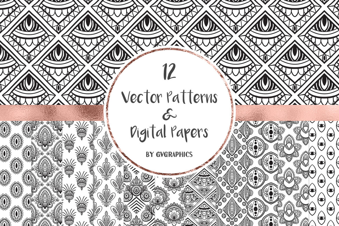 Hand Drawn Black and White Vector Patterns and Digital Papers Set 3 ...
