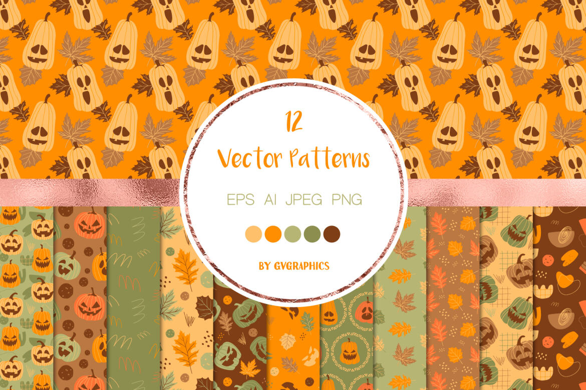 Halloween Pumpkins and Fall Leaves Vector Patterns | Deeezy