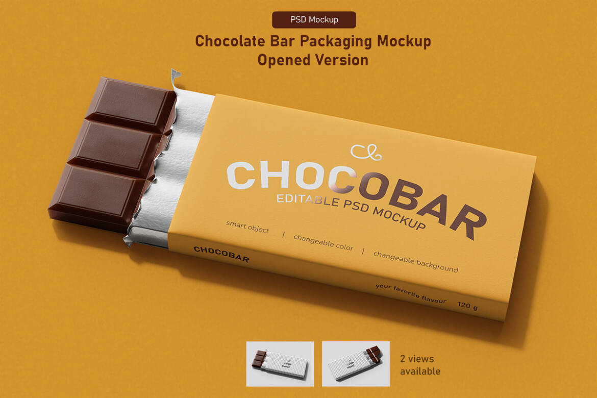 Chocolate Candy Bar Packaging 120g Mockup Opened Deeezy