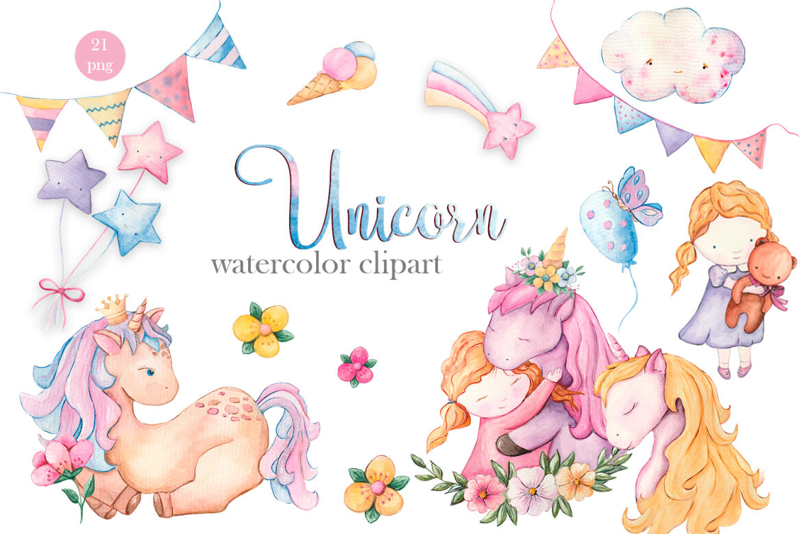 Unicorn Watercolor Clipart | Deeezy