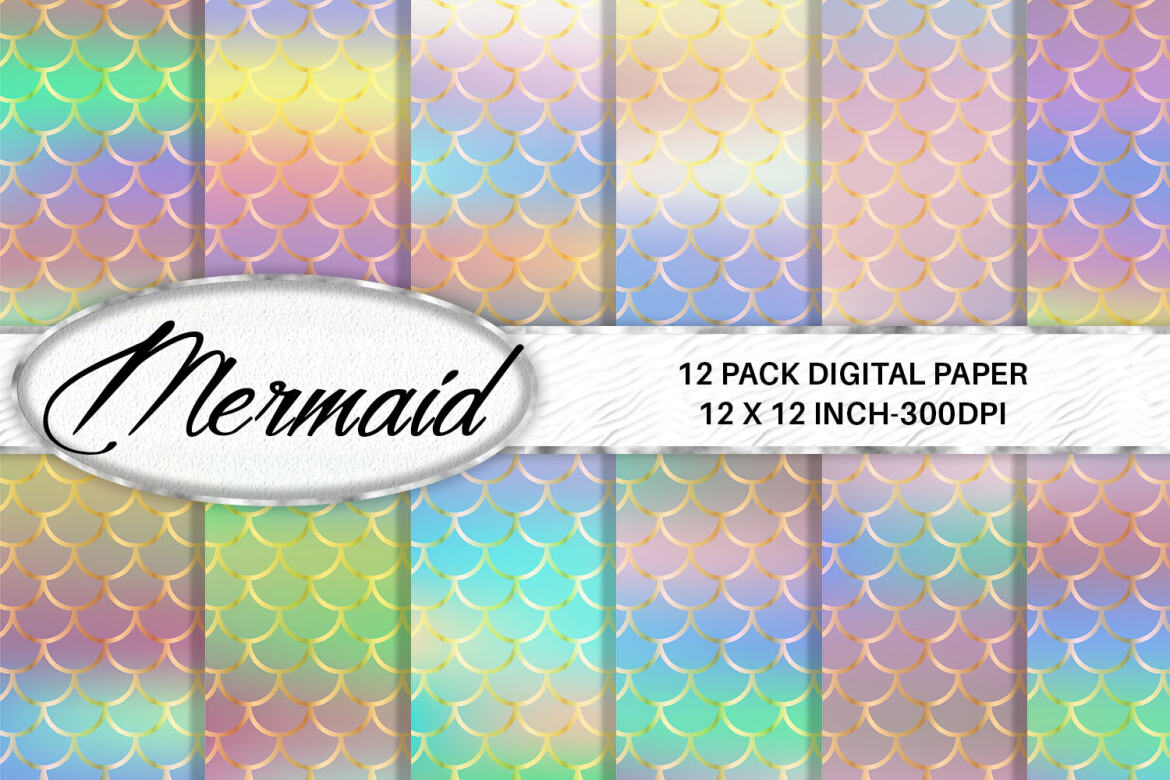 Digital paper gold mermaid scales pattern with gradient hologram color ...