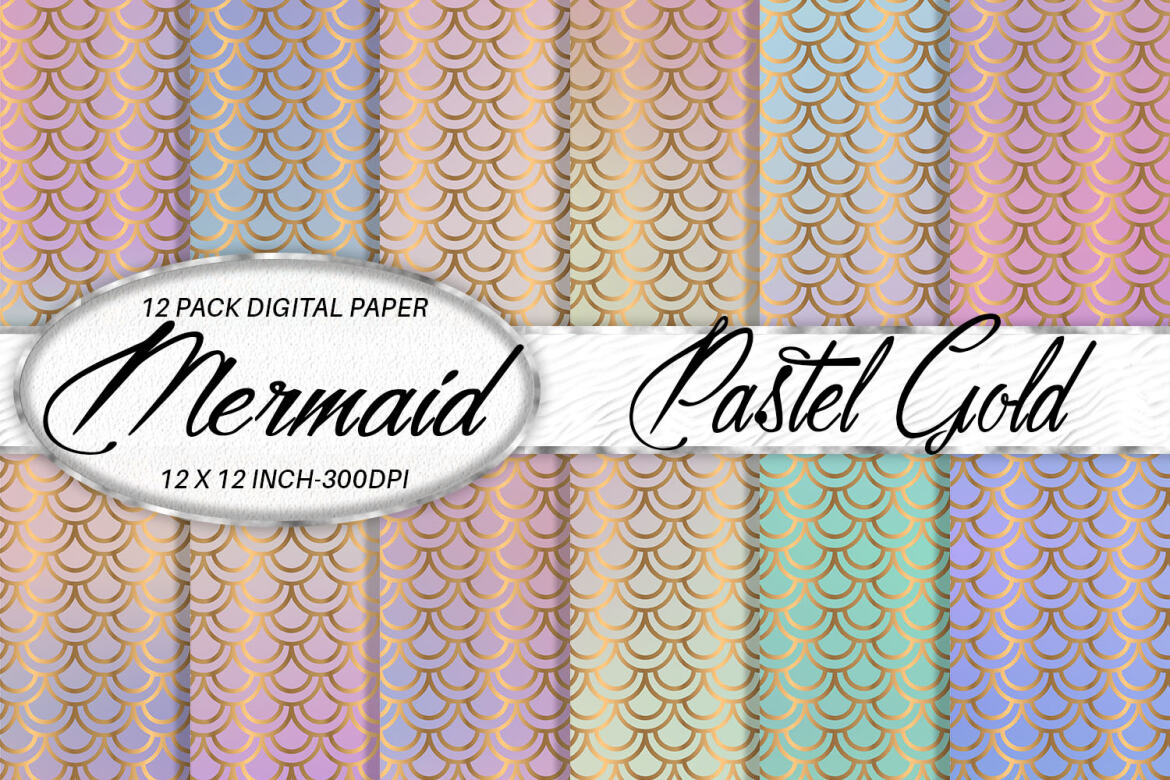 Digital paper gold mermaid scales pattern with gradient iridescent ...