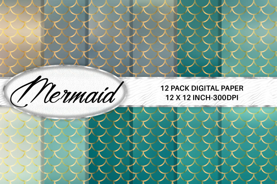Digital paper gold mermaid scales pattern with gradient green color ...