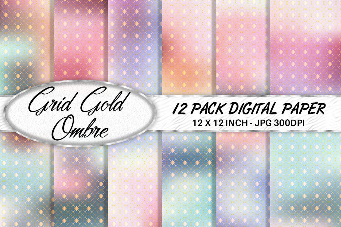Digital paper gold grid pattern with gradient pastel color background ...