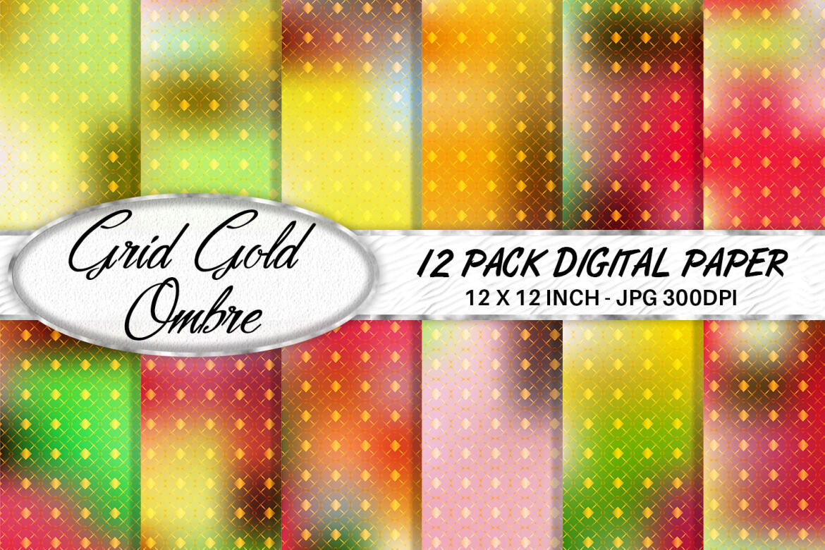 Digital paper gold grid pattern with gradient bright color background ...