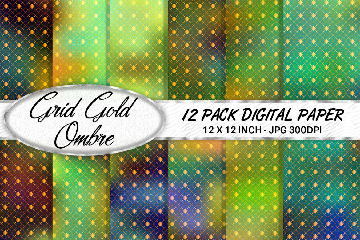 Digital paper gold grid pattern with gradient green color background ...
