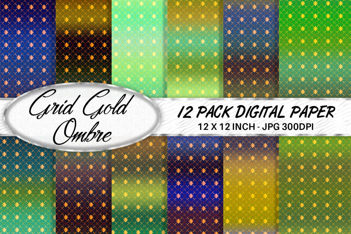 Digital paper gold grid pattern with gradient green color background ...