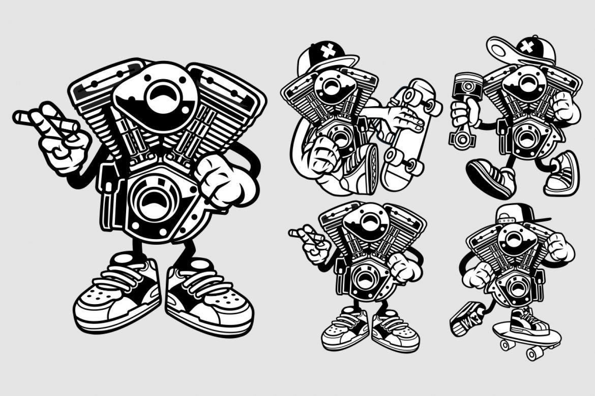 4 Motorcycle Engine Machine Cartoon Character | Deeezy