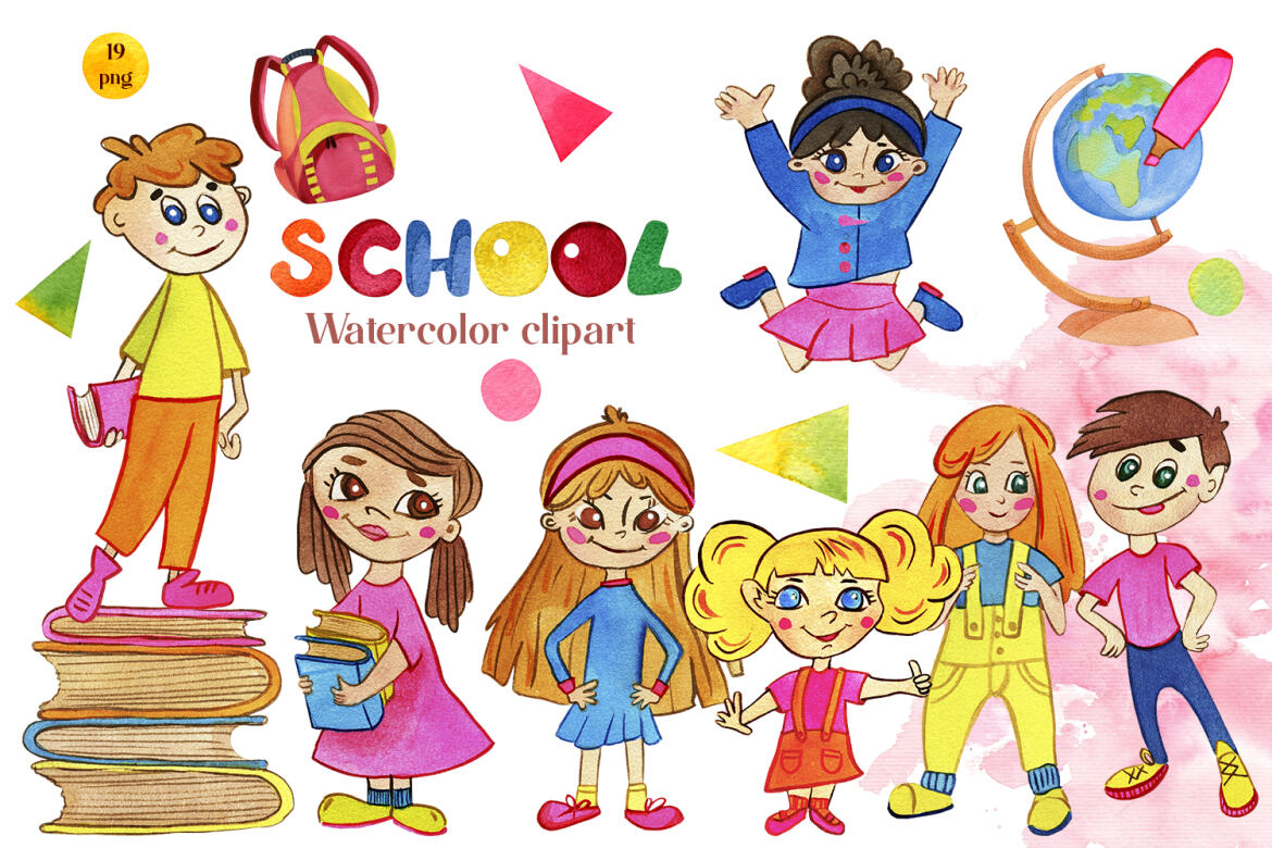 Watercolor back to school clip art, children boys and girls | Deeezy