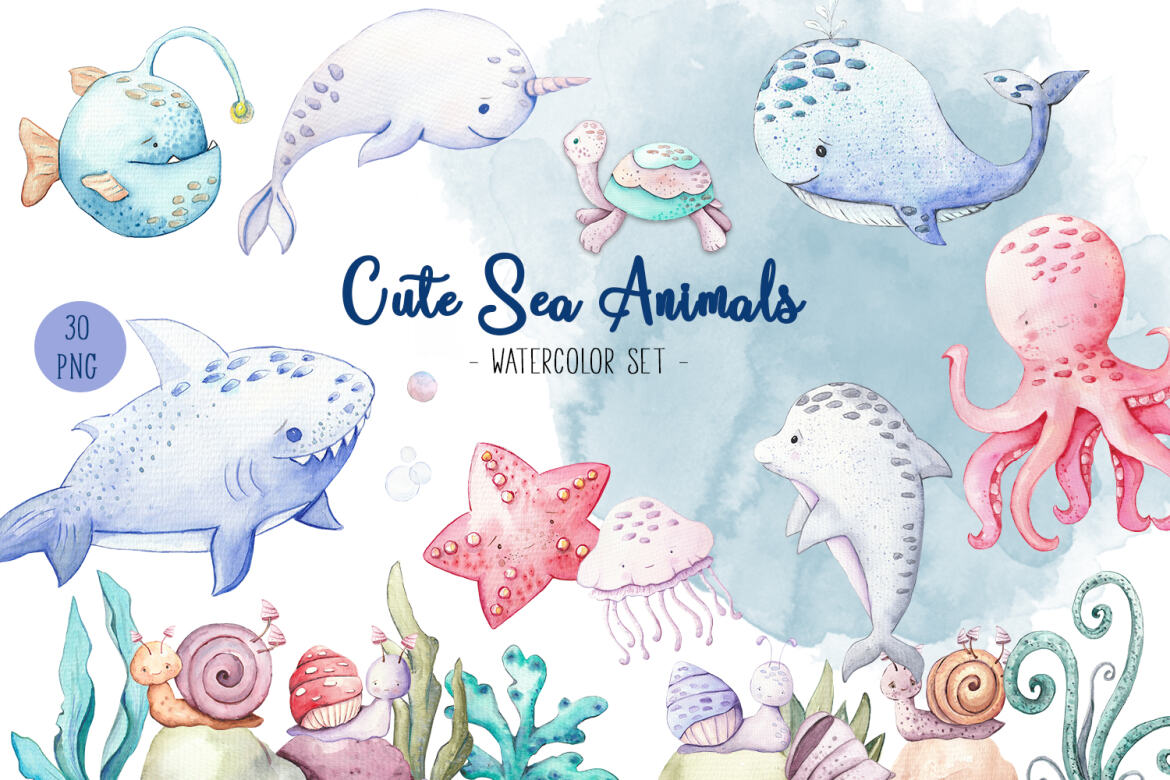 Undersea watercolor clipart, cute sea animals | Deeezy