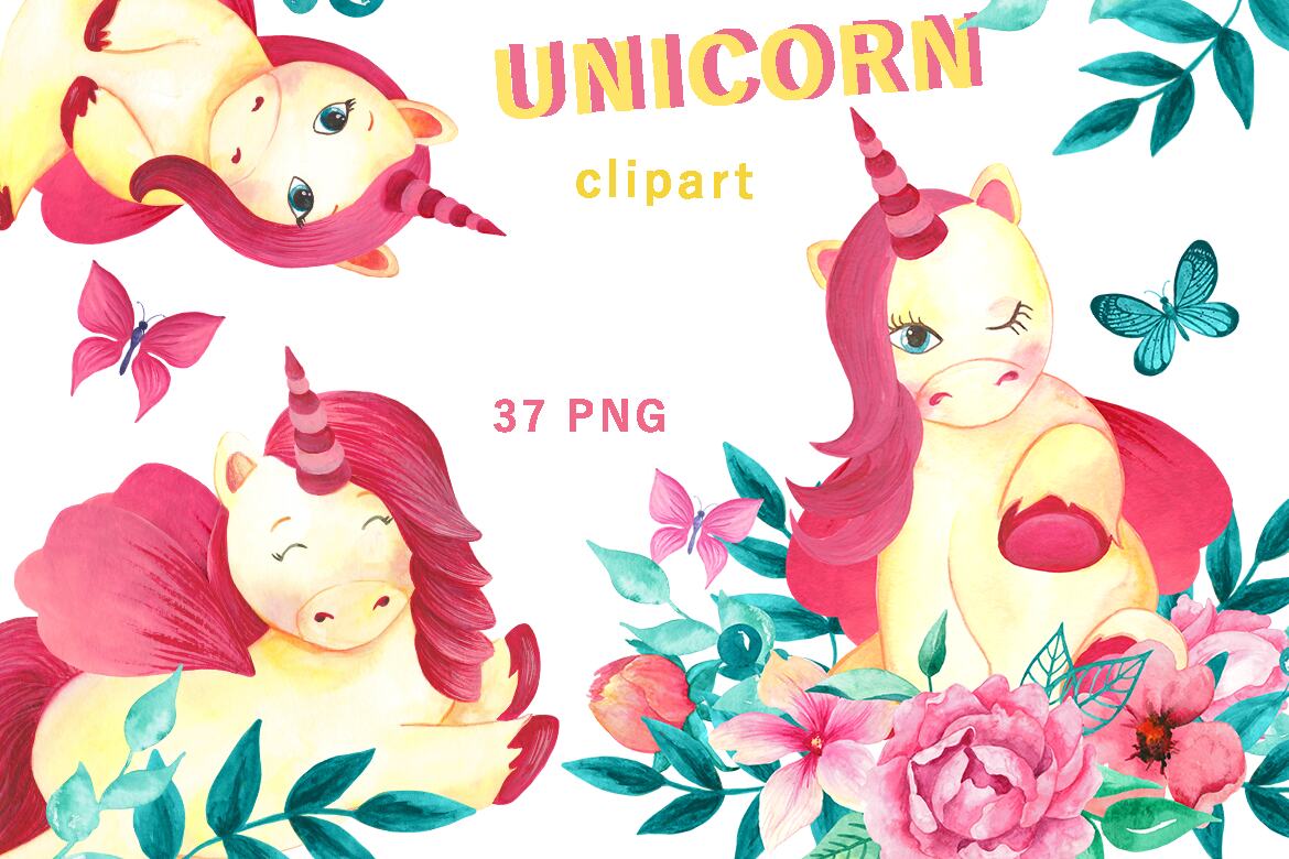 Watercolor Cute Baby Unicorn Clipart | Deeezy