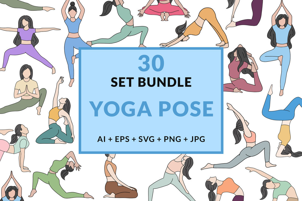 30 Set Bundle Women Yoga Pose Fitness Namaste Wellness Flat Art ...
