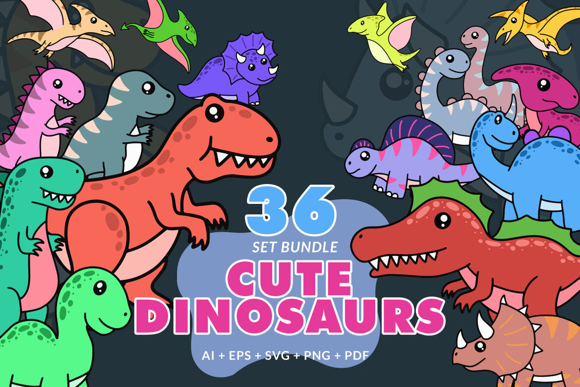 36 Set Cute Dino Dinosaurs Fossil Jurassic Animal Trex, Triceratops ...