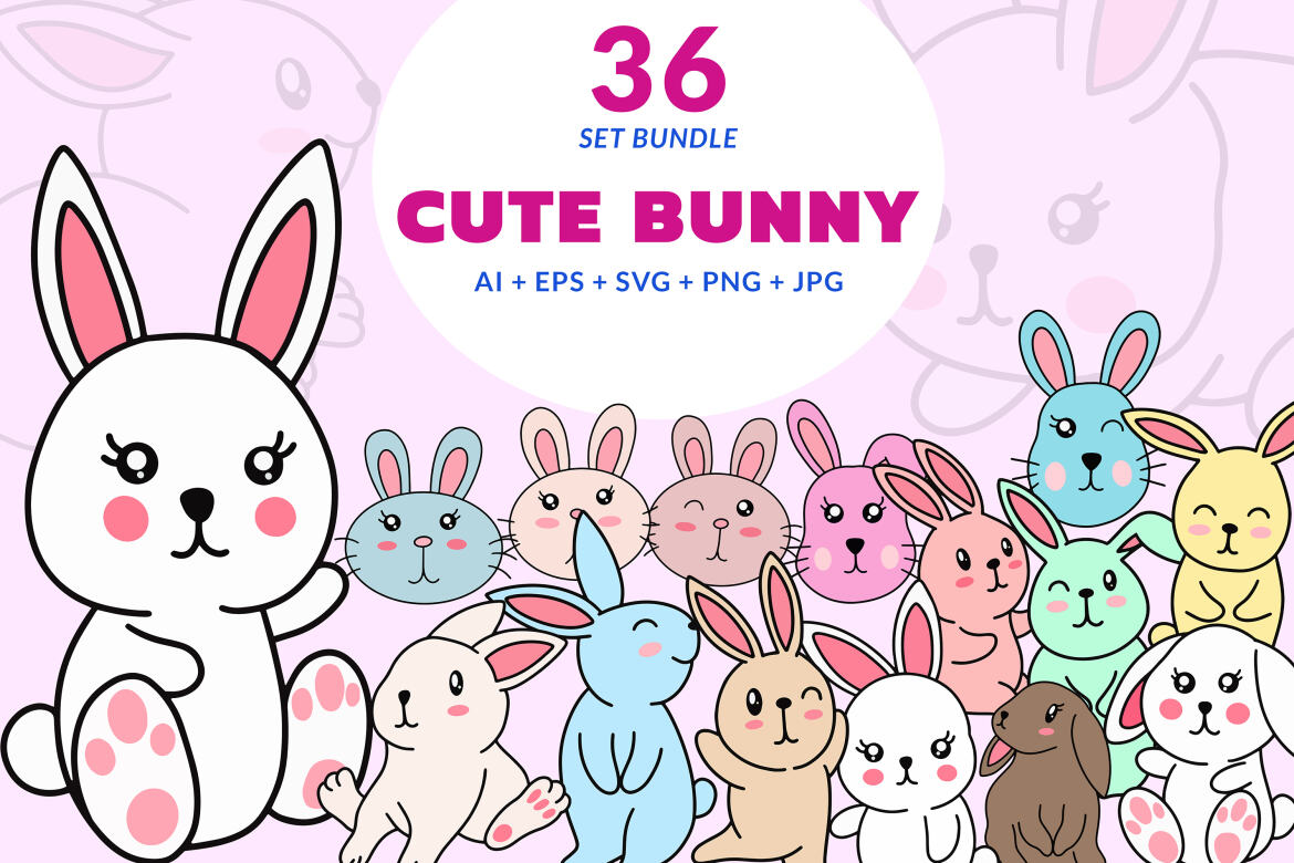 36 Set Cute Bunny Rabbit Kawaii Easter Bunnies Animals Doodle Clipart | Deeezy