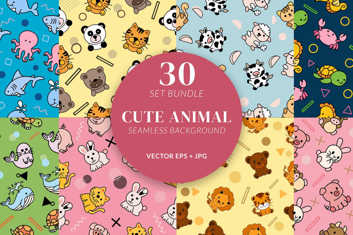30 Set Bundle Cute Animal Seamless Pattern Background Clipart | Deeezy