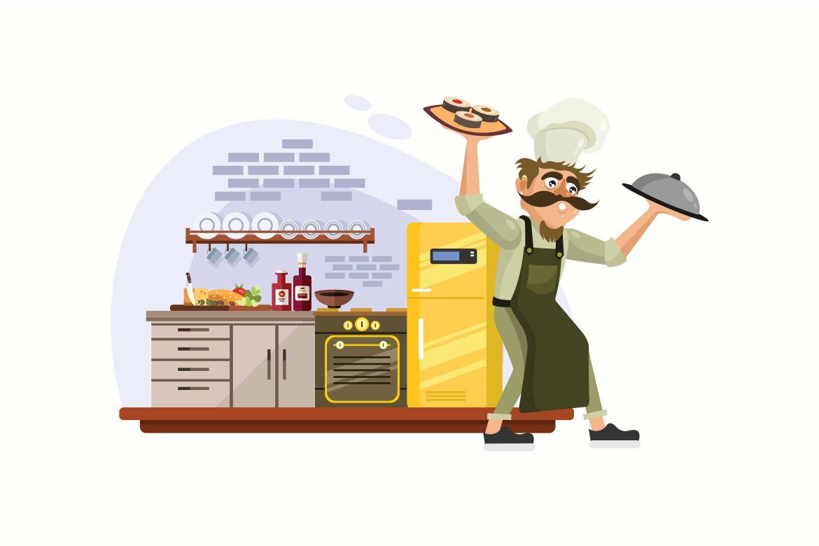 Chef Cooking in Kitchen Vector Illustration | Deeezy