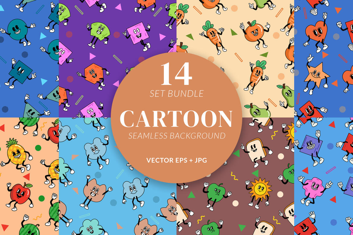 14 Set Bundle Cute Classic Cartoon Seamless Pattern Background Clipart | Deeezy