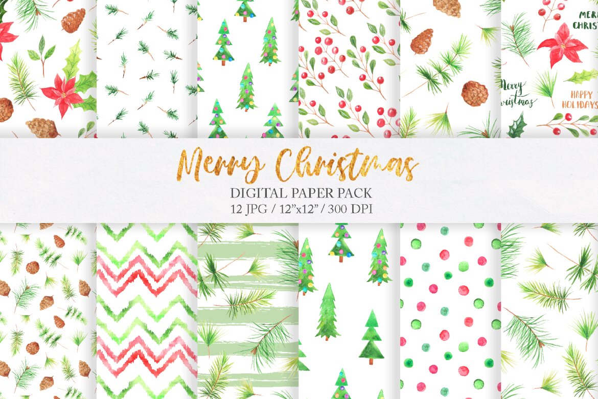 Watercolor Christmas Digital Papers Pack | Deeezy