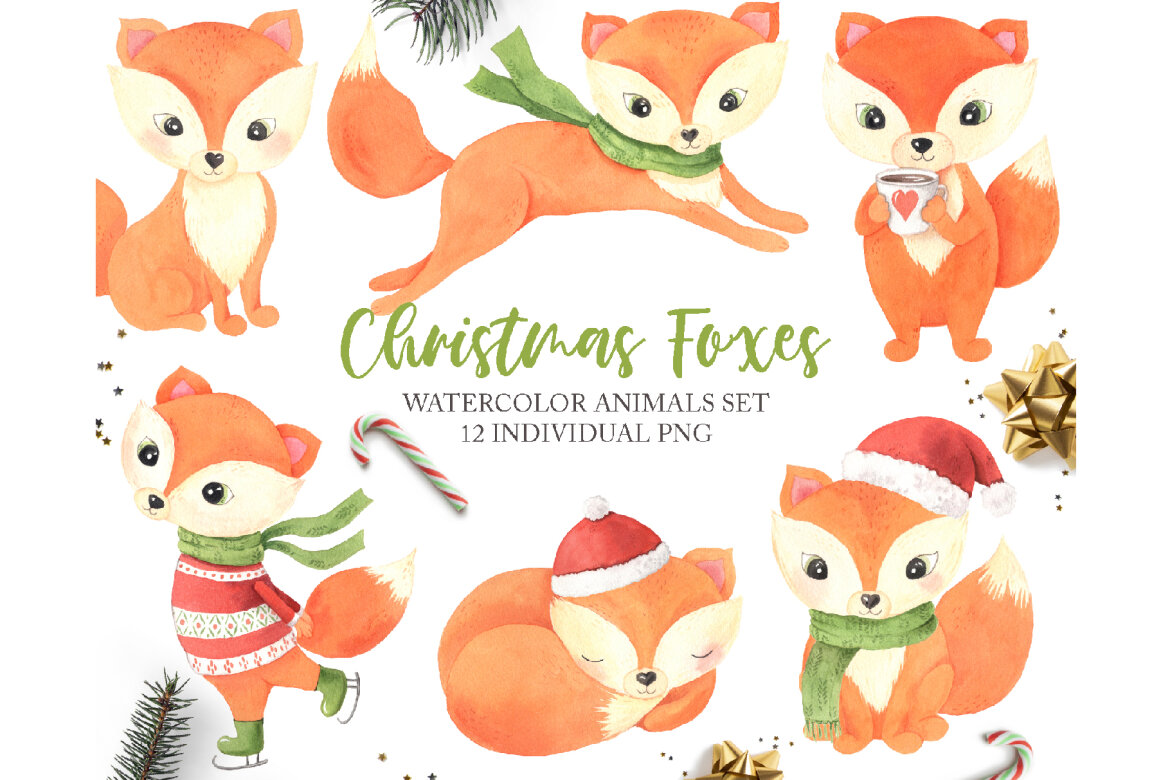 Watercolor Christmas Foxes Clipart | Deeezy