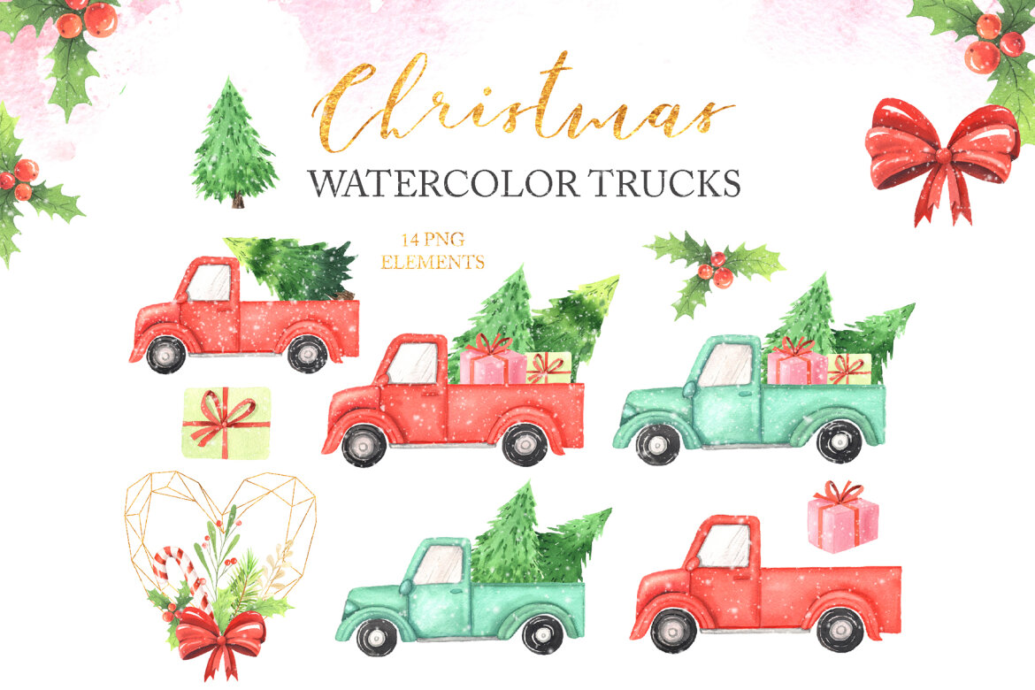 Watercolor Christmas Truck Clipart | Deeezy