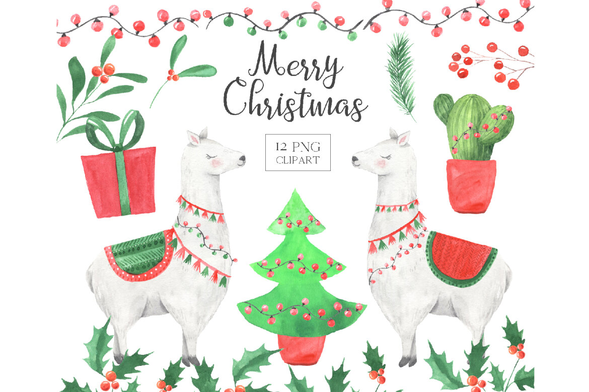 Watercolor Christmas Llamas FREE Clipart | Deeezy