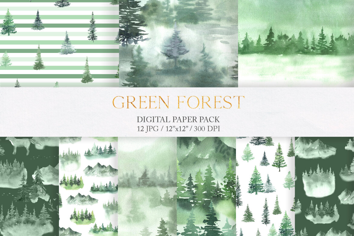 Watercolor Green Forest Digital Papers | Deeezy