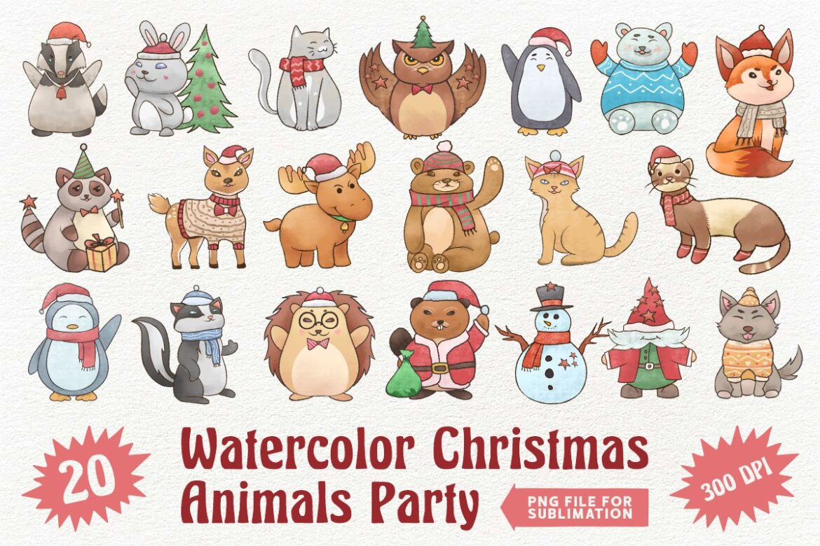 Watercolor Christmas Animals Party PNG Sublimation Clipart | Deeezy