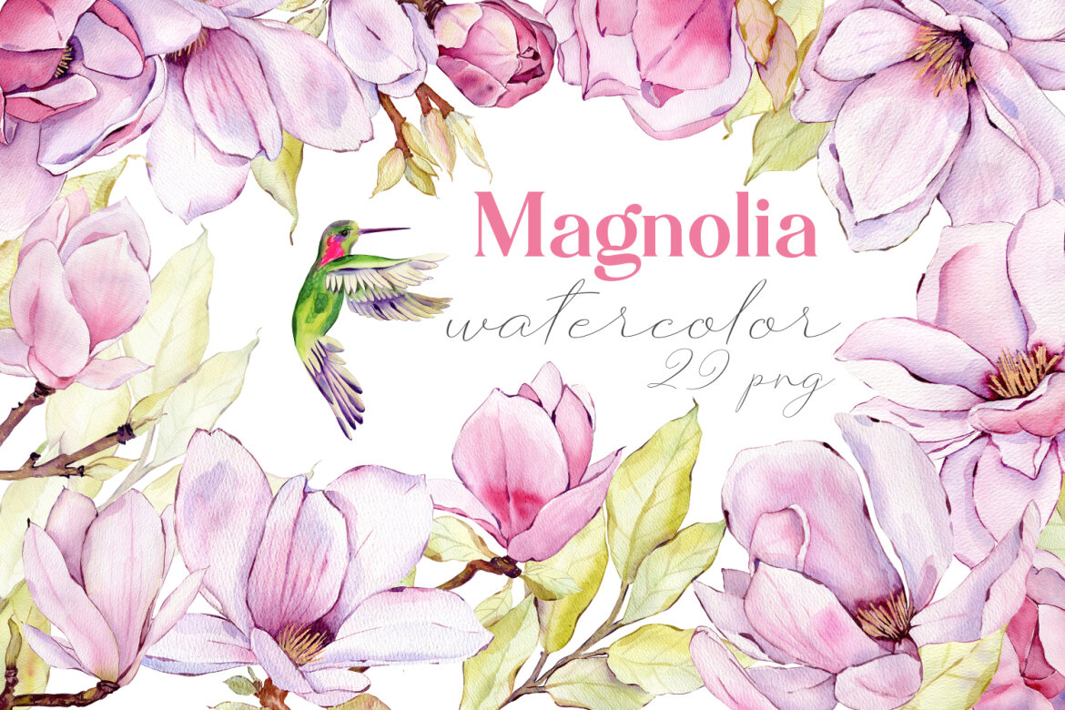 Watercolor pink magnolia flowers clipart Romantic bouquet | Deeezy