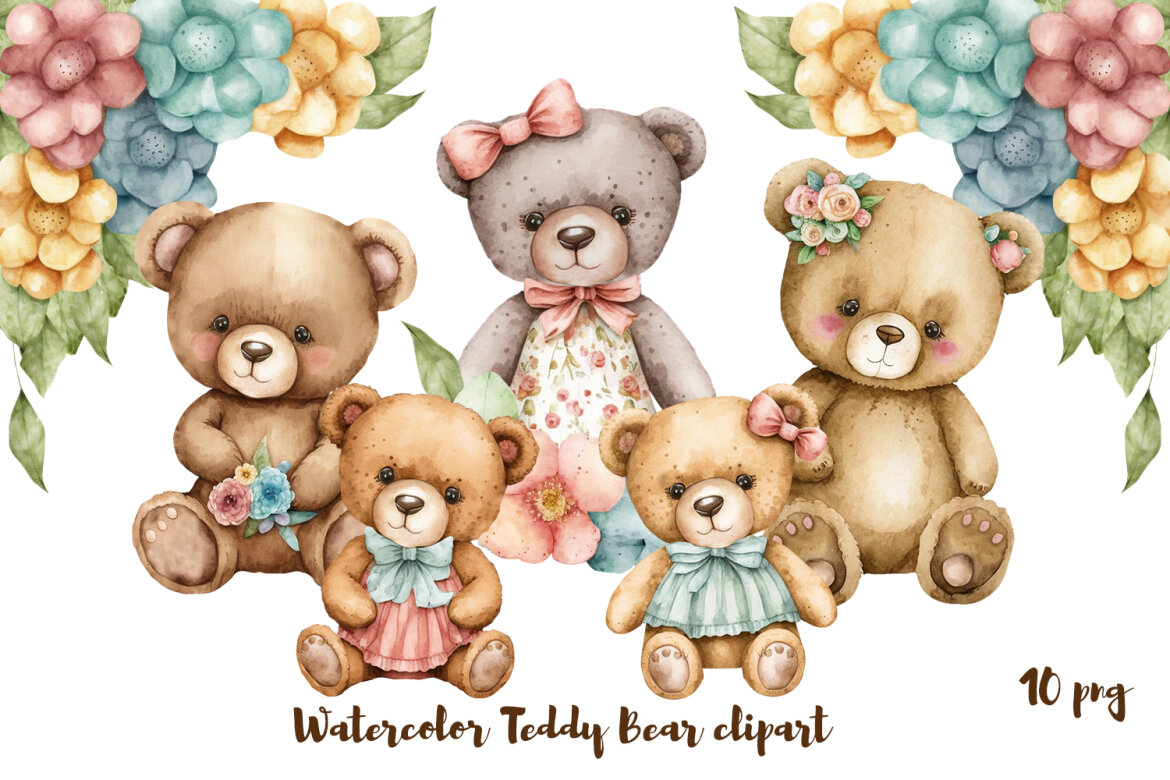 Bear teddy Watercolor Clipart | Deeezy