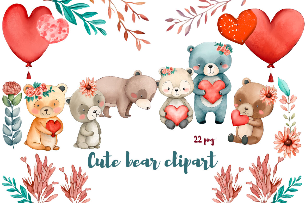 Cute Teddy Bear Watercolor Clipart | Deeezy