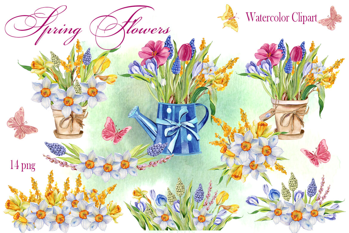 Watercolor Spring Flowers Bouquet | Deeezy