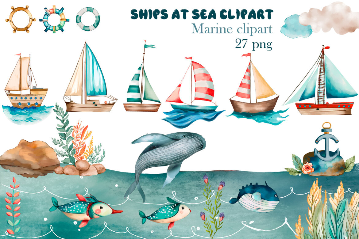 Funny ships at Sea, Cute Nautical Kids Art | Deeezy