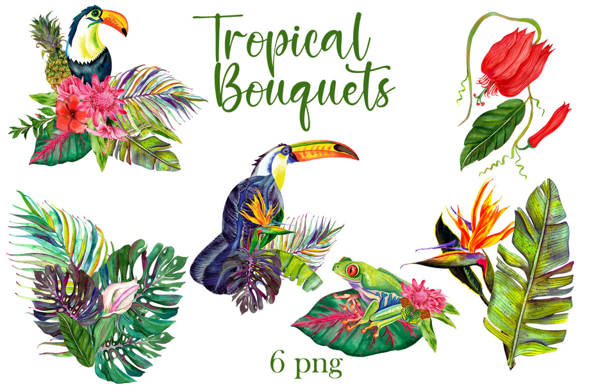 Watercolor Tropical Bouquets, flowers clipart | Deeezy
