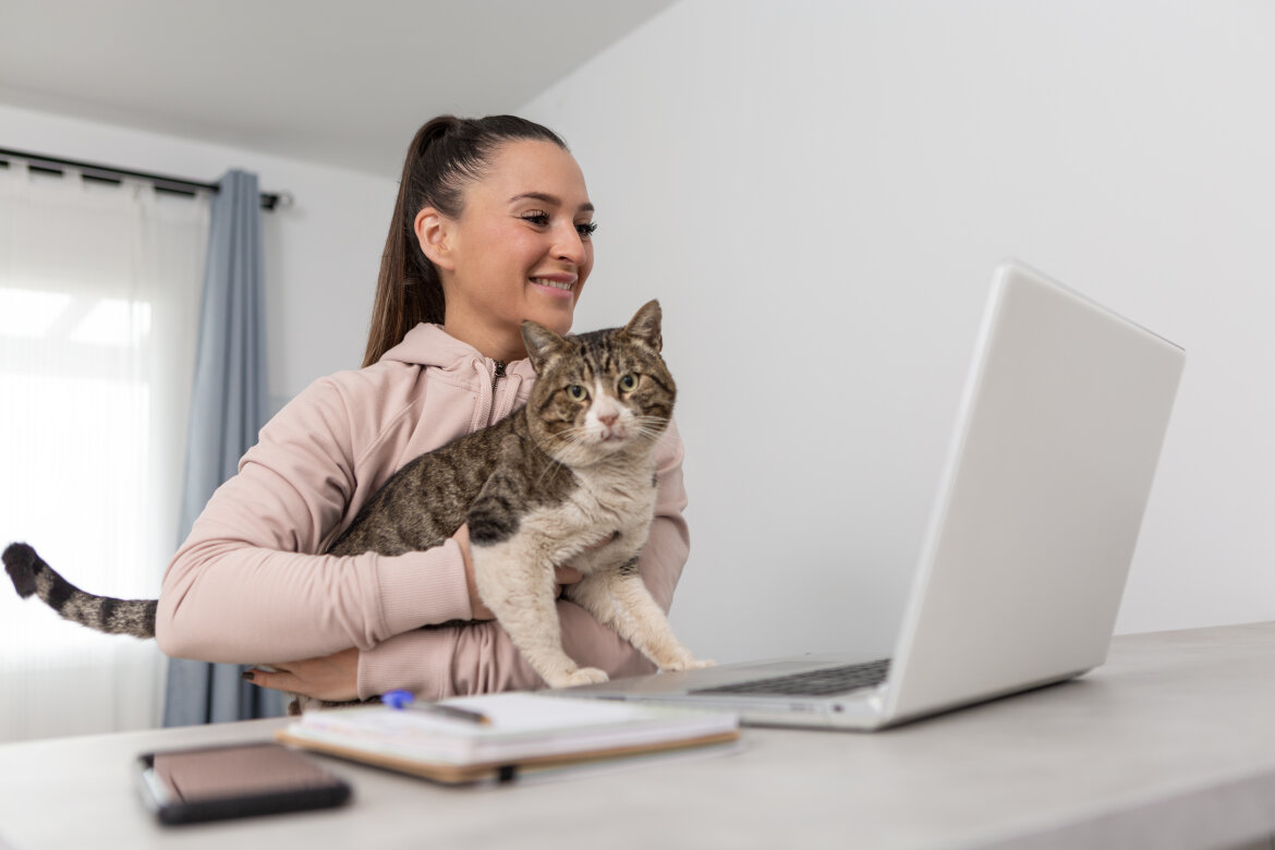Cheerful woman showing cute cat during video call | Deeezy