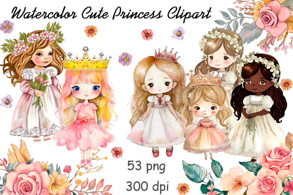 Watercolor Cute Princess Clipart Bundle | Deeezy