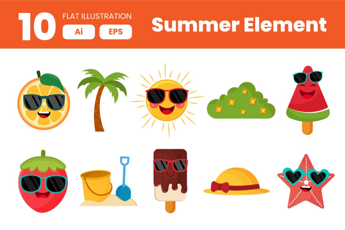Collection of Summer Element in Flat Illustration | Deeezy