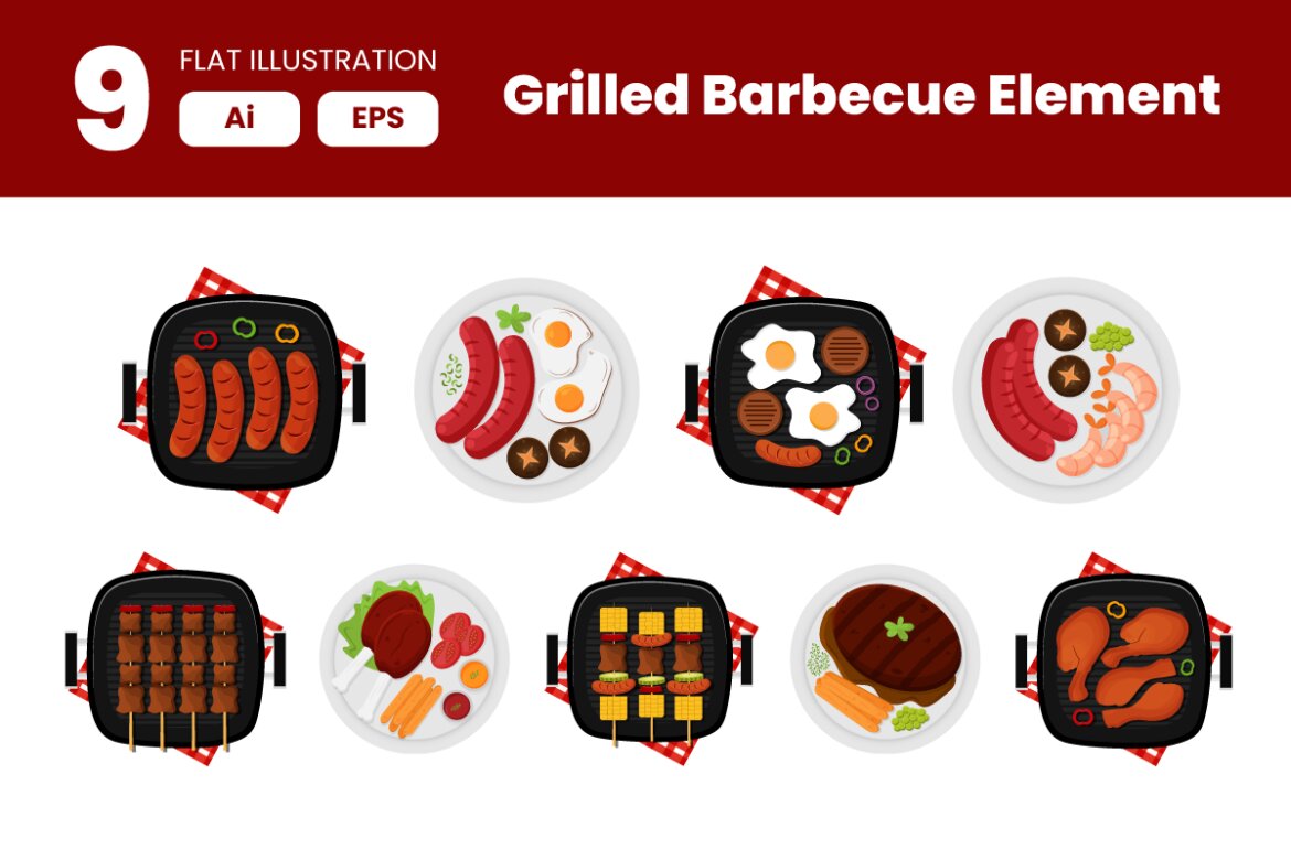 Collection of Grilled Barbecue Element in Flat Illustration | Deeezy